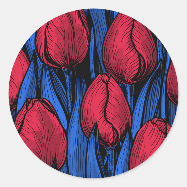 Tulips in red and blue classic round sticker | Zazzle