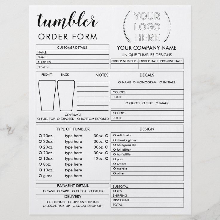 Tumbler Mug Cup Order Form Flyer | Zazzle