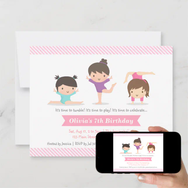 Tumbling Girls Gymnastics Birthday Party Invitation | Zazzle