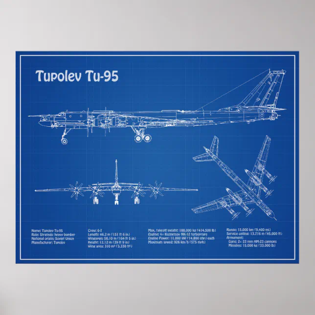Tupolev Tu-95 - Airplane Blueprint Plans AD Poster | Zazzle
