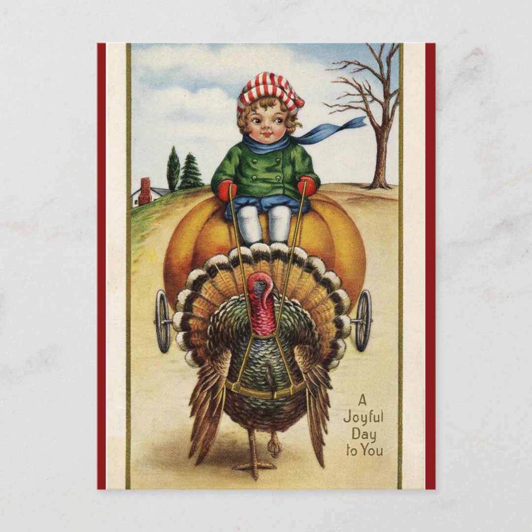 Turkey Pulling Child on Pumpkin Cart Thanksgiving Postcard | Zazzle