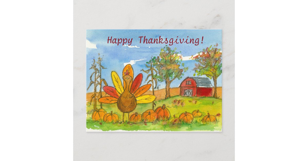 Turkey Red Barn Pumpkin Patch Happy Thanksgiving Holiday Postcard | Zazzle