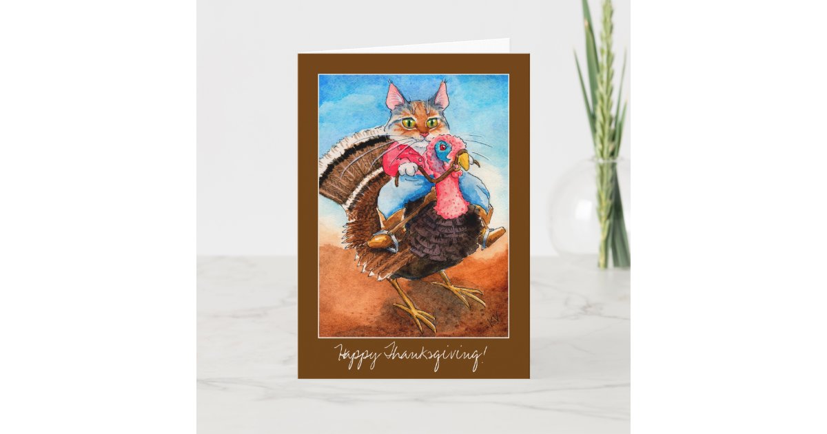 Turkey-wrangler cat Thanksgiving card invitation | Zazzle