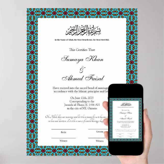 Turkuaz muslim nikkah certificate poster | Zazzle