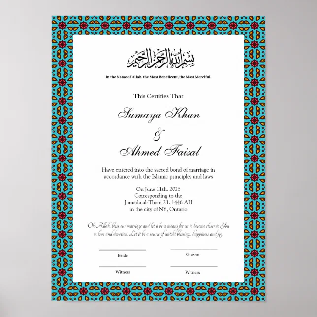 Turkuaz muslim nikkah certificate poster | Zazzle