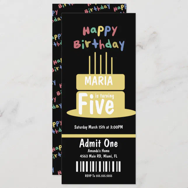 Turning Five Birthday Cake Ticket Party Invitation | Zazzle