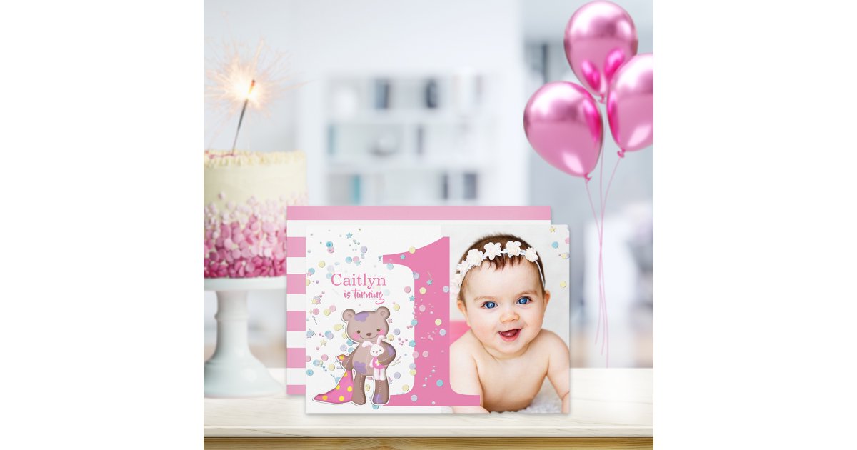 Turning One Pink Baby Photo Birthday Invitation | Zazzle