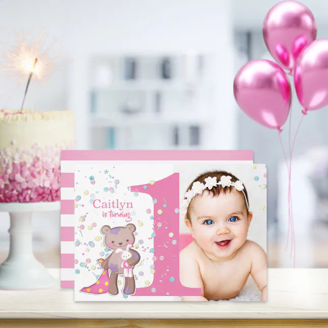 Turning One Pink Baby Photo Birthday Invitation | Zazzle