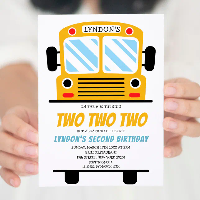 Turning Two Two Two School Bus Party 2nd Birthday Invitation | Zazzle