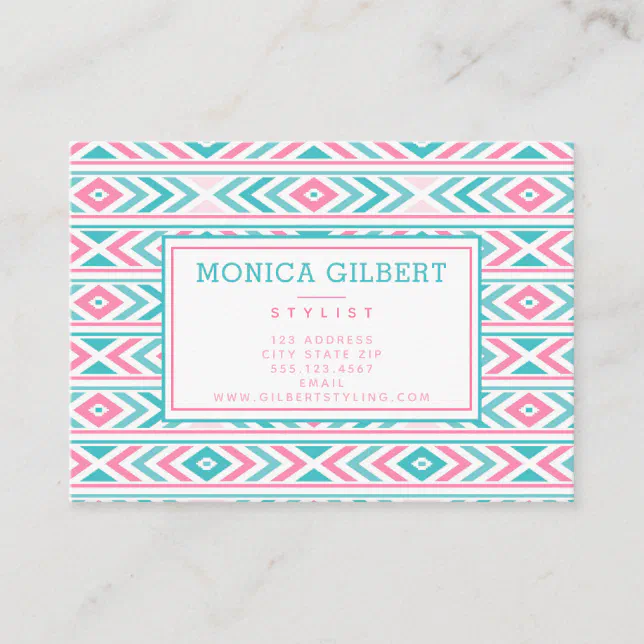 Turqoise and Pink Geometric Aztec Pattern Business Card | Zazzle
