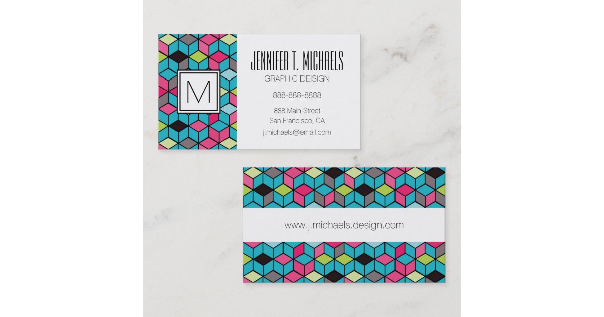 Turqouise and Pink Cube Pattern Business Card | Zazzle