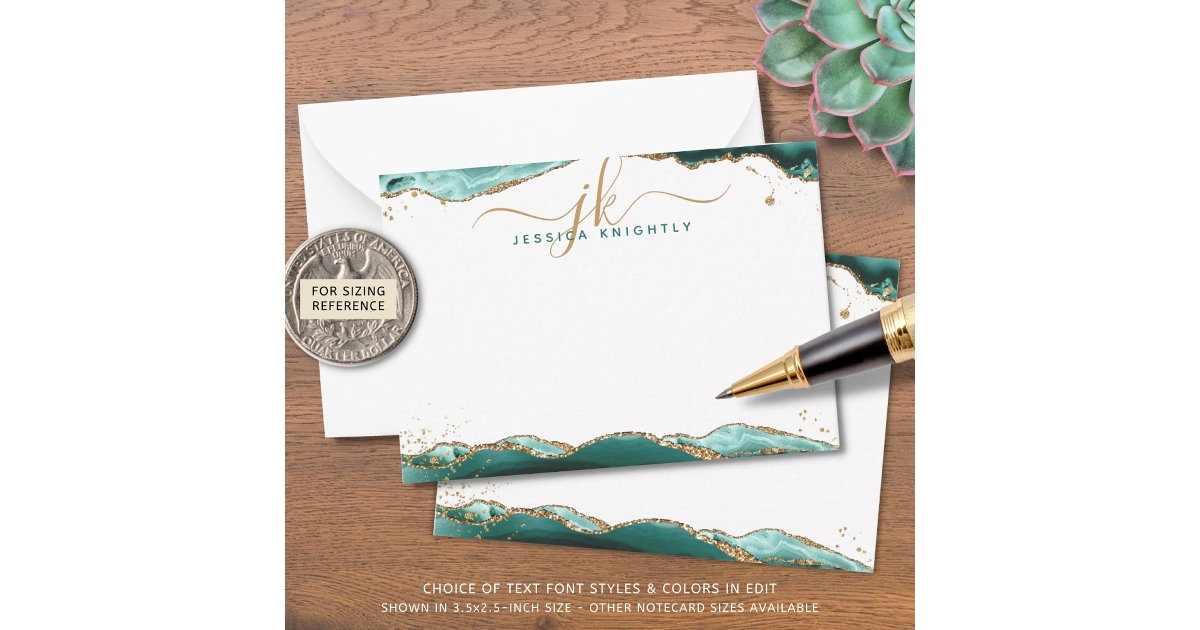 Turquoise Agate Geode Script Monogram Gold Glitter Note Card | Zazzle