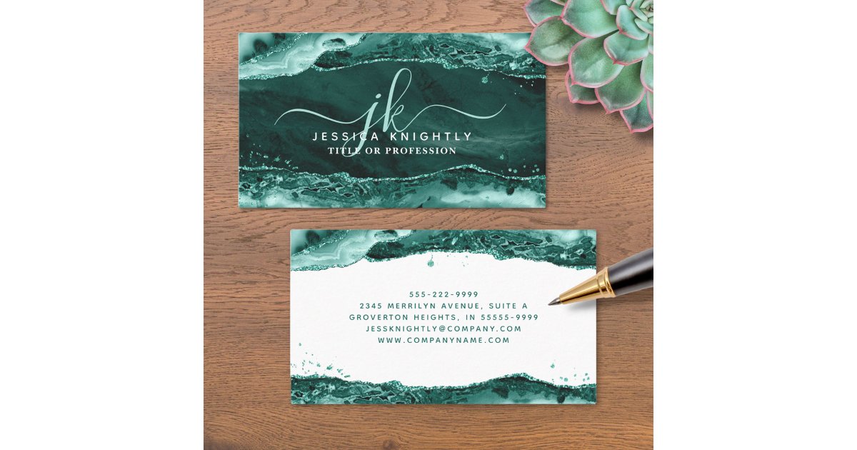 Turquoise Agate Glitter Monogram Script Swash Business Card | Zazzle