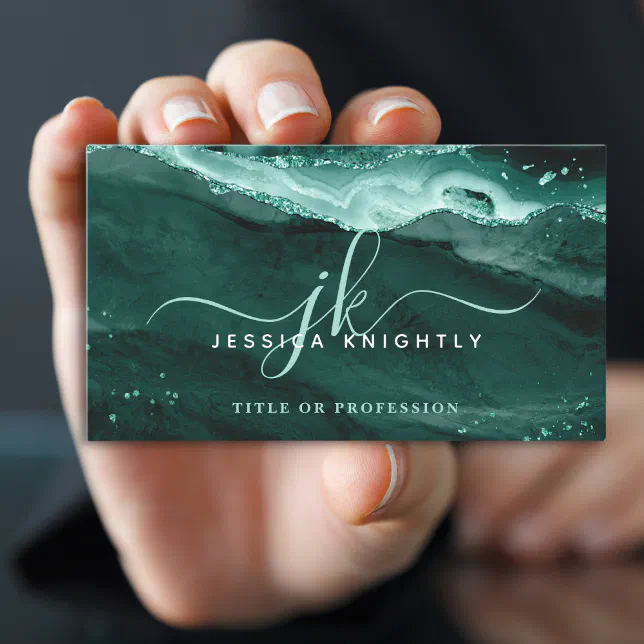 Turquoise Agate Glitter Script Monogram Business Card | Zazzle