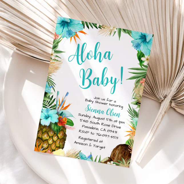 Turquoise Aloha Baby Shower, Hawaiian Luau Invitation | Zazzle