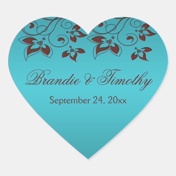 Turquoise and Brown Floral Heart Shaped Sticker | Zazzle.com