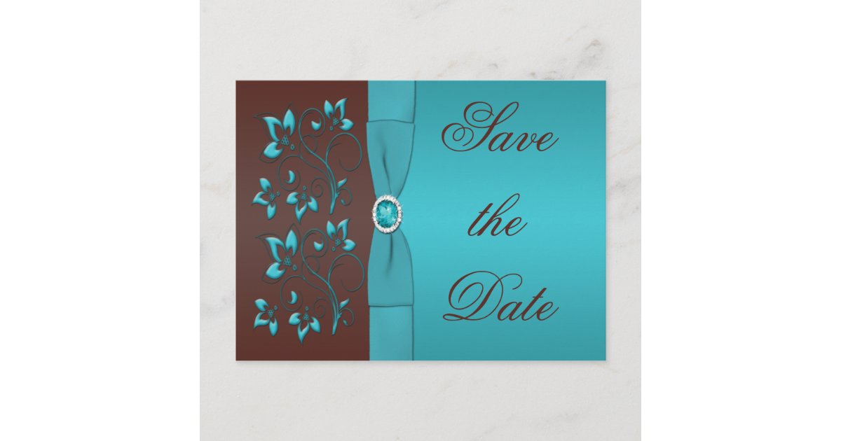 Turquoise and Brown Floral Save the Date Postcard | Zazzle