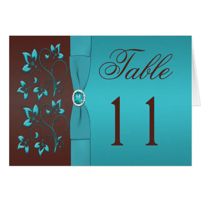Turquoise and Brown Floral Table Number Card | Zazzle