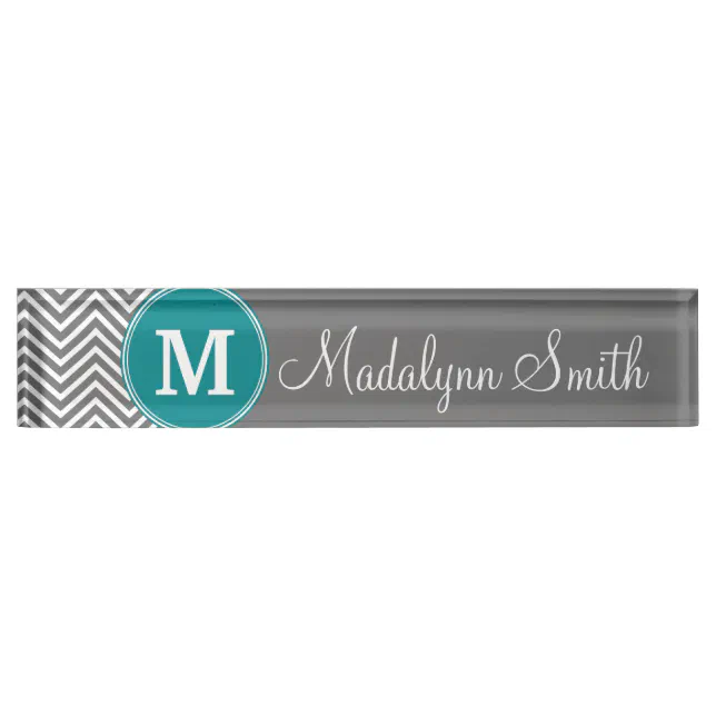 Turquoise and Charcoal Chevrons Custom Monogram Desk Name Plate | Zazzle