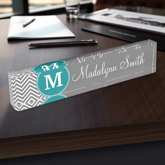 Turquoise and Charcoal Chevrons Custom Monogram Desk Name Plate | Zazzle