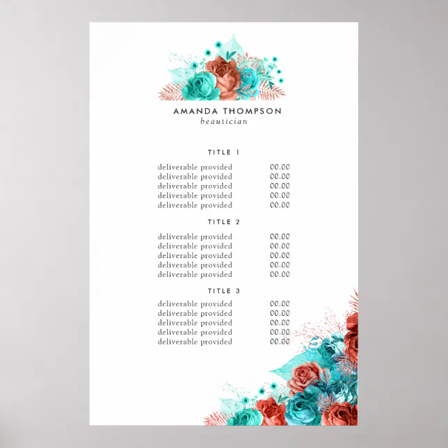Turquoise and Coral Floral Pricing & Services Sign | Zazzle