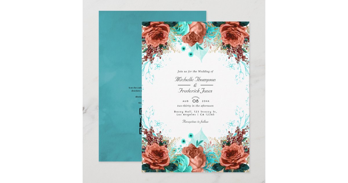 Turquoise and Coral Rustic Floral Wedding Photo In Invitation | Zazzle