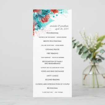 Turquoise and Coral Rustic Floral Wedding Program | Zazzle