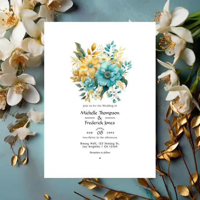 Turquoise and Gold Floral Wedding Invitation | Zazzle