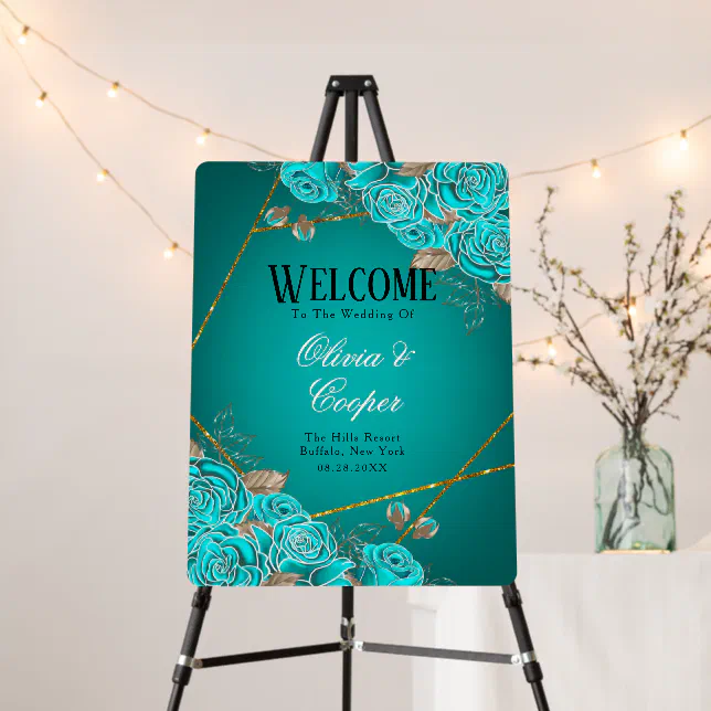 Turquoise and Gold Floral Wedding Welcome Sign | Zazzle
