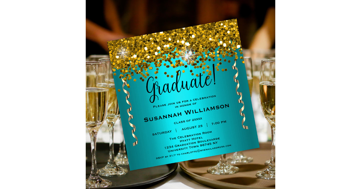Turquoise and Gold Glitter Graduation Party Invitation | Zazzle