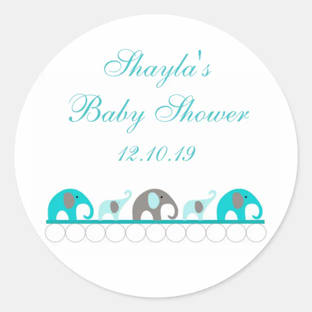 Turquoise and Gray Elephant Baby Shower Favor Classic Round Sticker ...
