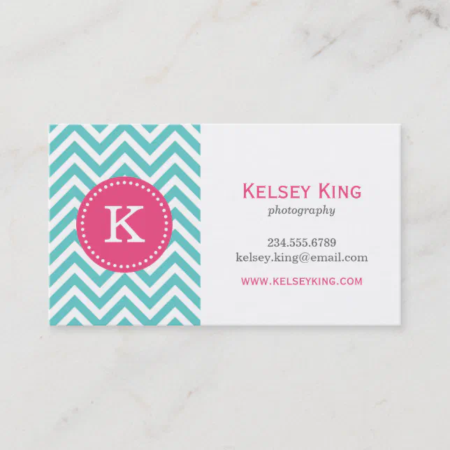 Turquoise and Hot Pink Chevron Custom Monogram Business Card | Zazzle