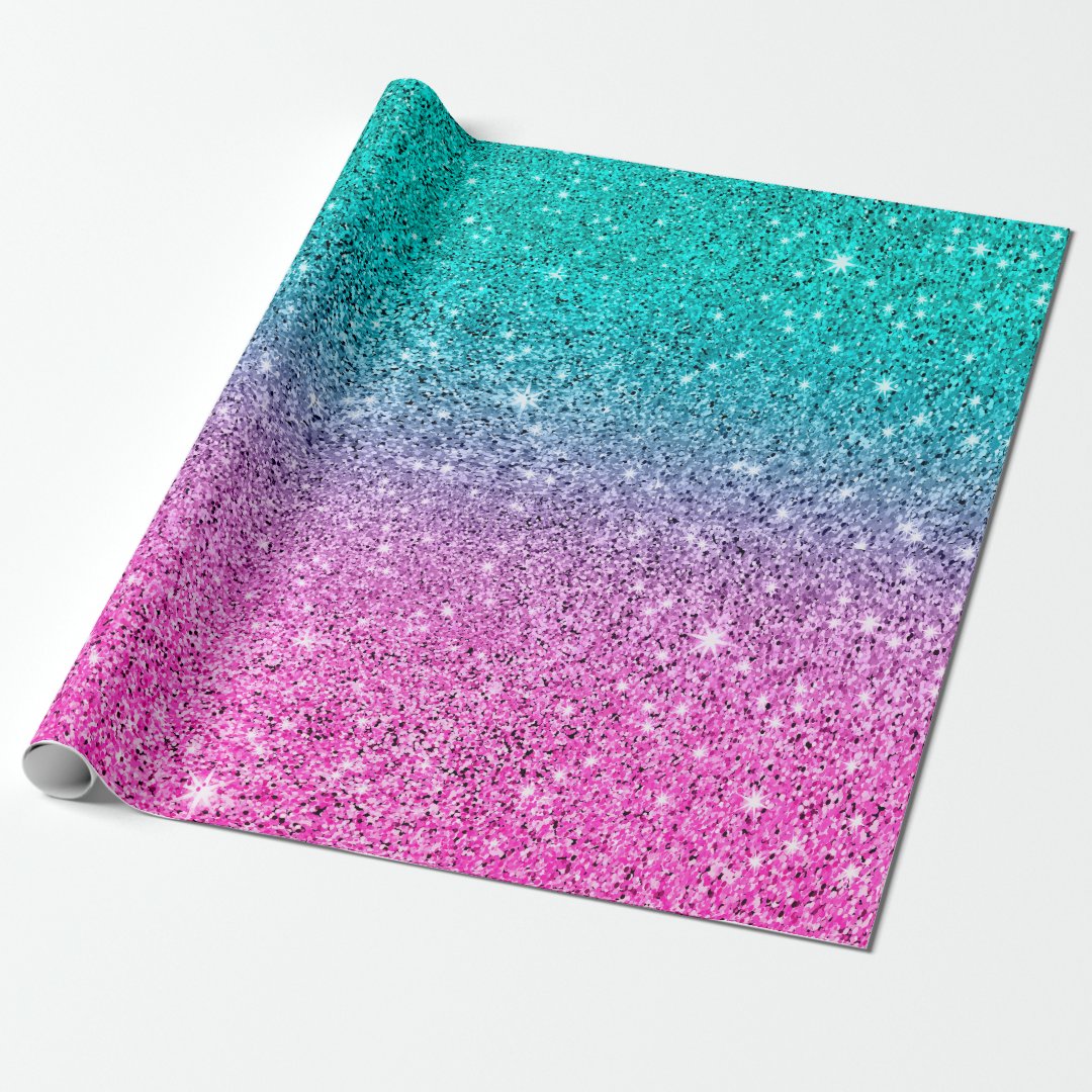 Turquoise and hot pink glitter ombre wrapping paper | Zazzle