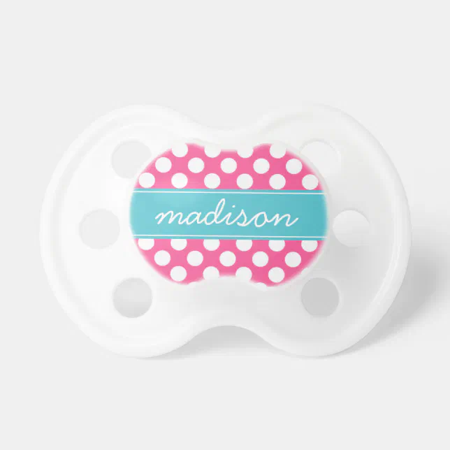 Turquoise and Hot Pink Polka Dots Custom Monogram Pacifier | Zazzle