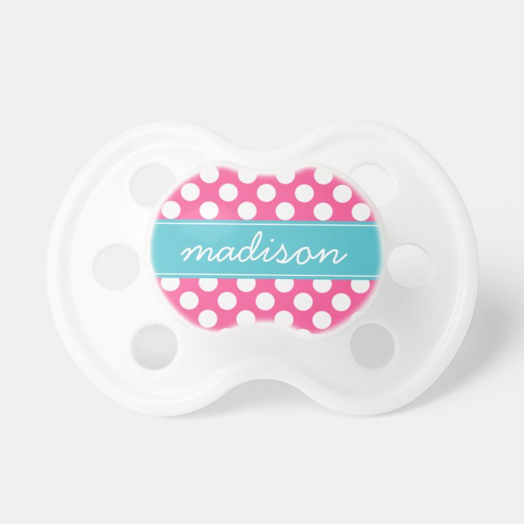 Turquoise and Hot Pink Polka Dots Custom Monogram Pacifier | Zazzle