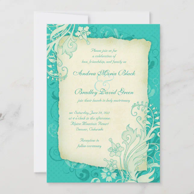Turquoise and Ivory Floral Wedding Invitation | Zazzle