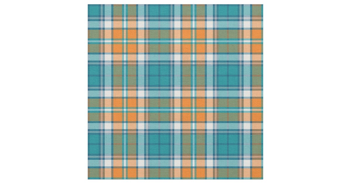 Turquoise and Orange Sporty Plaid Fabric | Zazzle