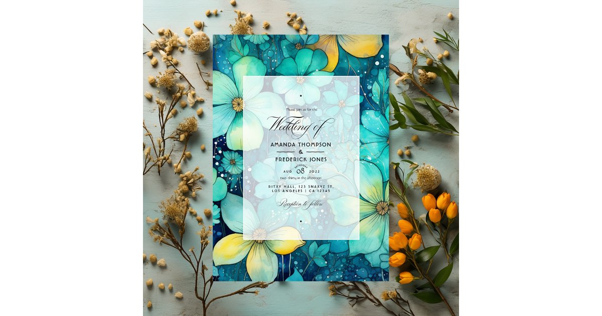 Turquoise and Patina Floral Wedding Invitation | Zazzle