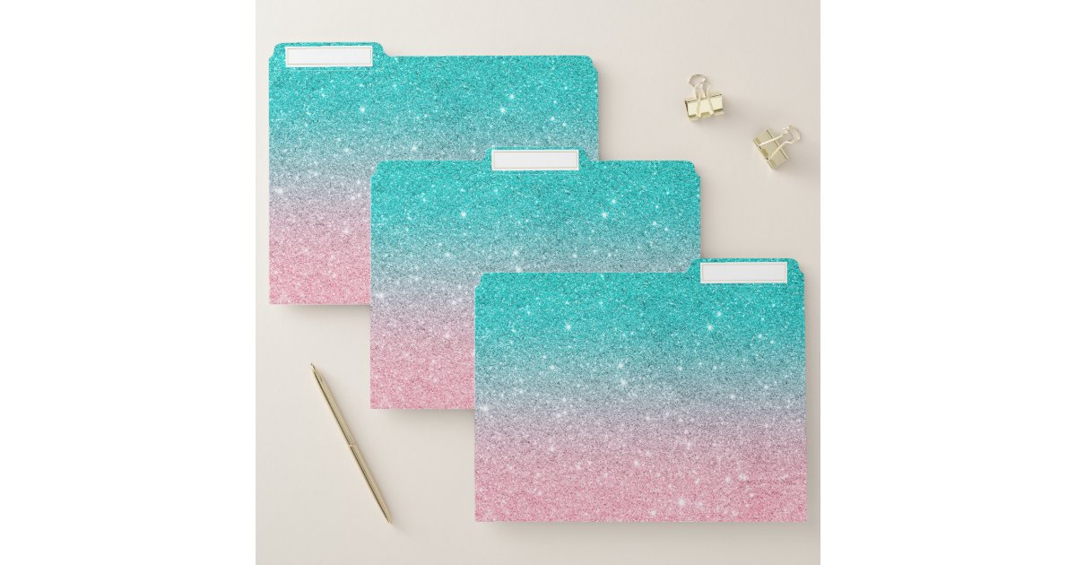 Turquoise and pink ombre faux glitter texture file folder | Zazzle