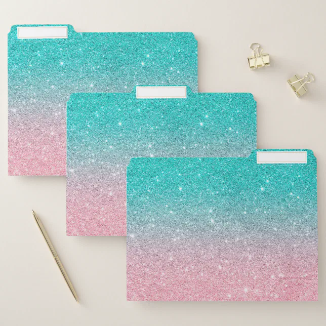 Turquoise and pink ombre faux glitter texture file folder | Zazzle