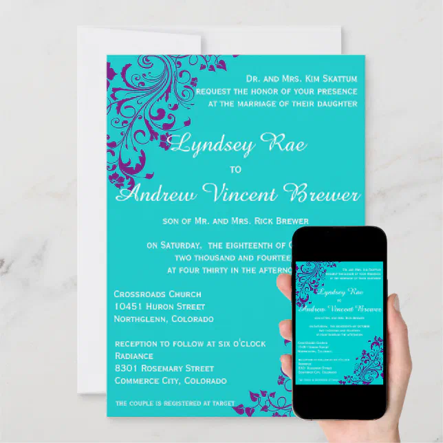 Turquoise and Purple Wedding Invitation | Zazzle