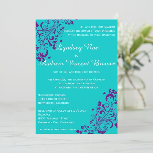 Turquoise and Purple Wedding Invitation | Zazzle