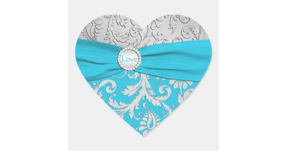 Turquoise and Silver Damask Heart Shaped Sticker | Zazzle