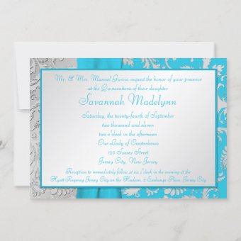Turquoise and Silver Damask Quinceanera Invitation | Zazzle