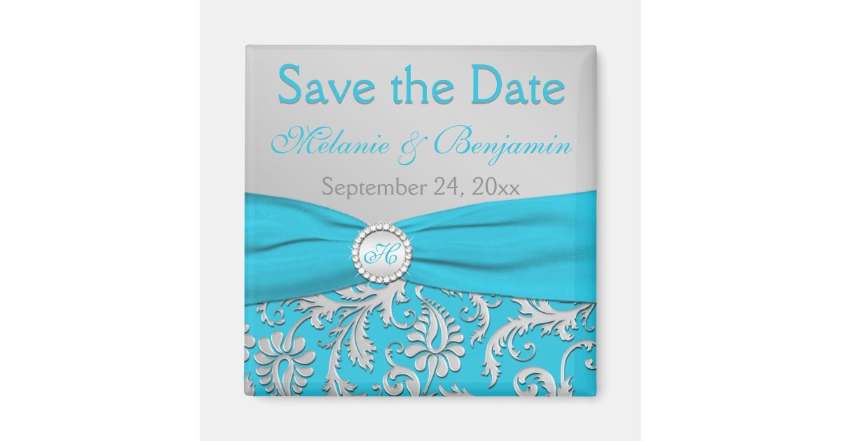 Turquoise and Silver Damask Save the Date Magnet | Zazzle