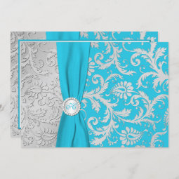 Turquoise and Silver Damask Wedding Invitation | Zazzle