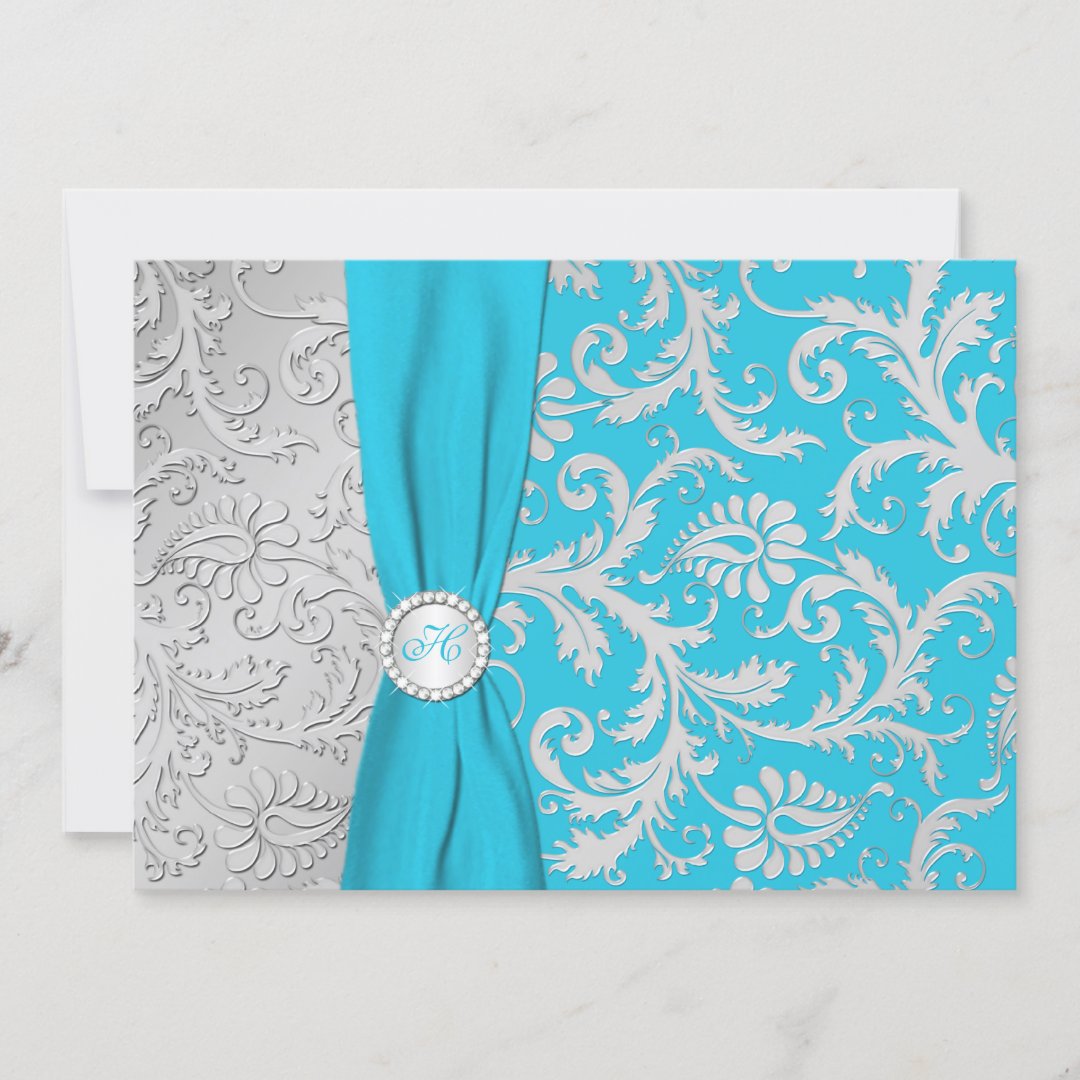 Turquoise and Silver Damask Wedding Invitation | Zazzle