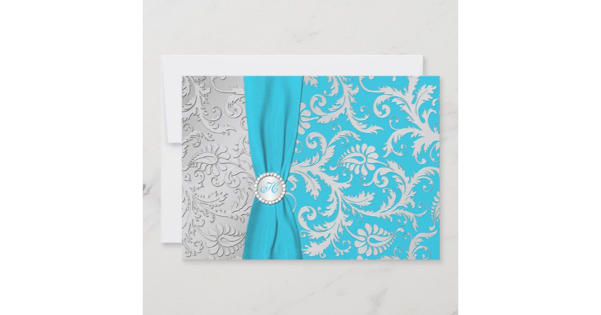 Turquoise and Silver Damask Wedding Invitation | Zazzle