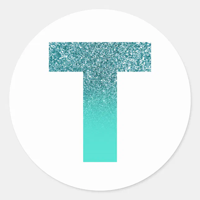 Turquoise and Teal Ombre Glitter Monogram T Classic Round Sticker | Zazzle