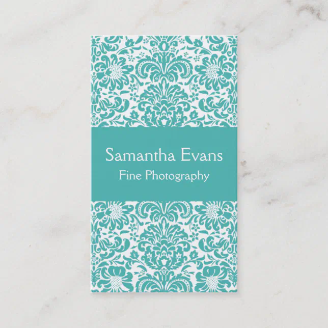 Turquoise and White Damask Business Card | Zazzle